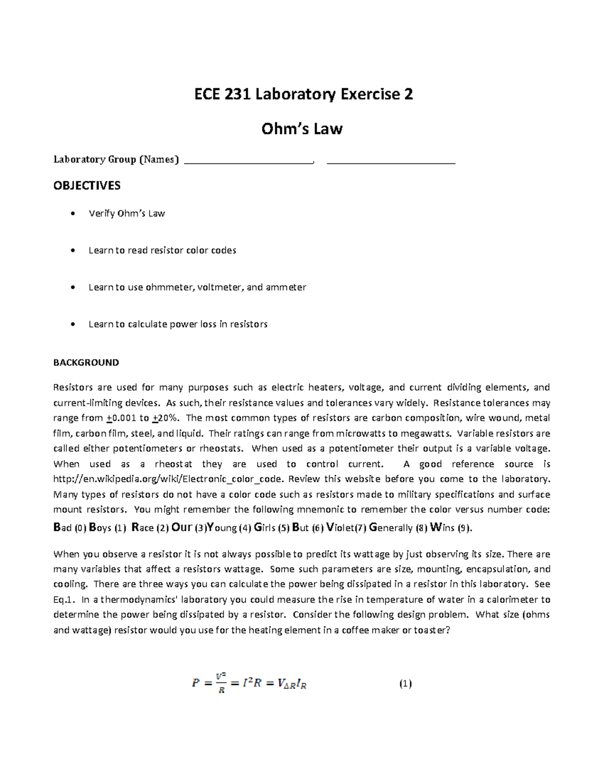 Ohm's Law in circuits - ECE 231 Laboratory Exercise 2 Ohm’s Law Laboratory Group (Names) - Studocu