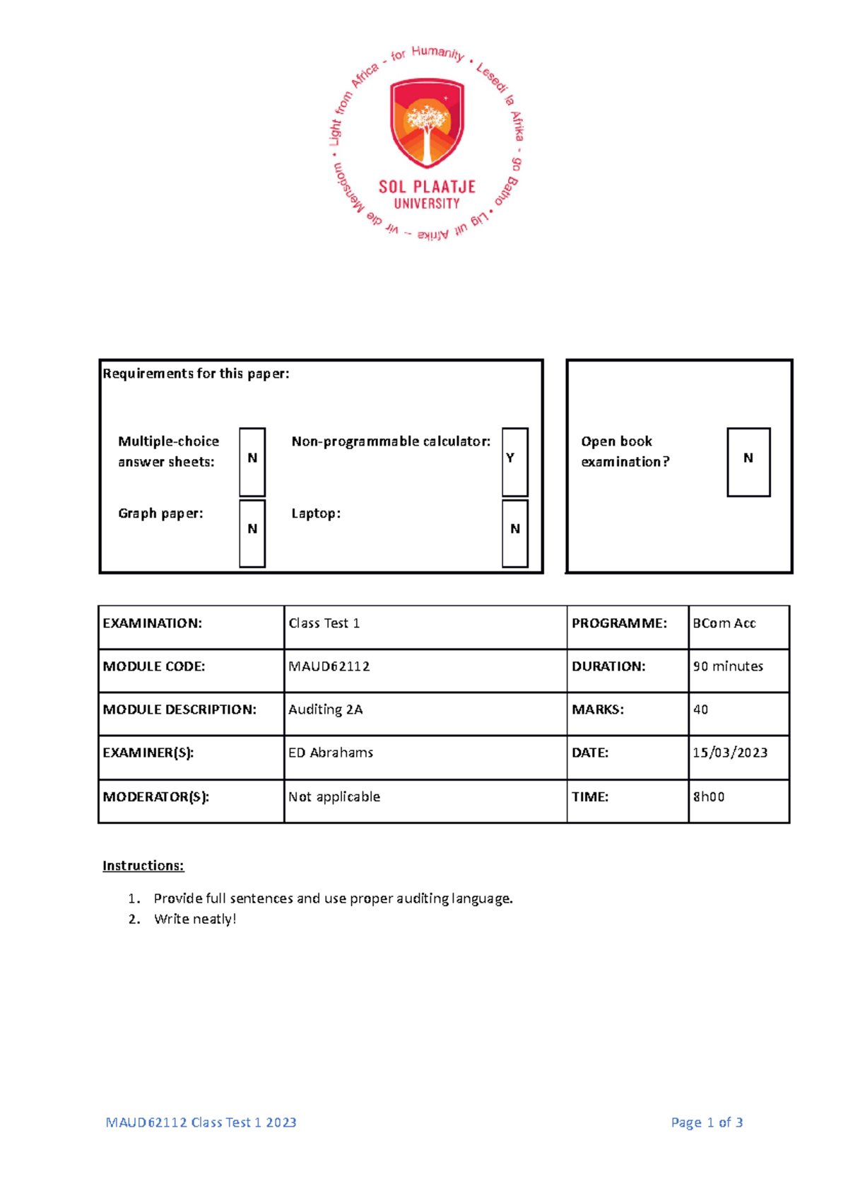 Class test 1 2023 - N/A - Requirements for this paper: Multiple-choice ...