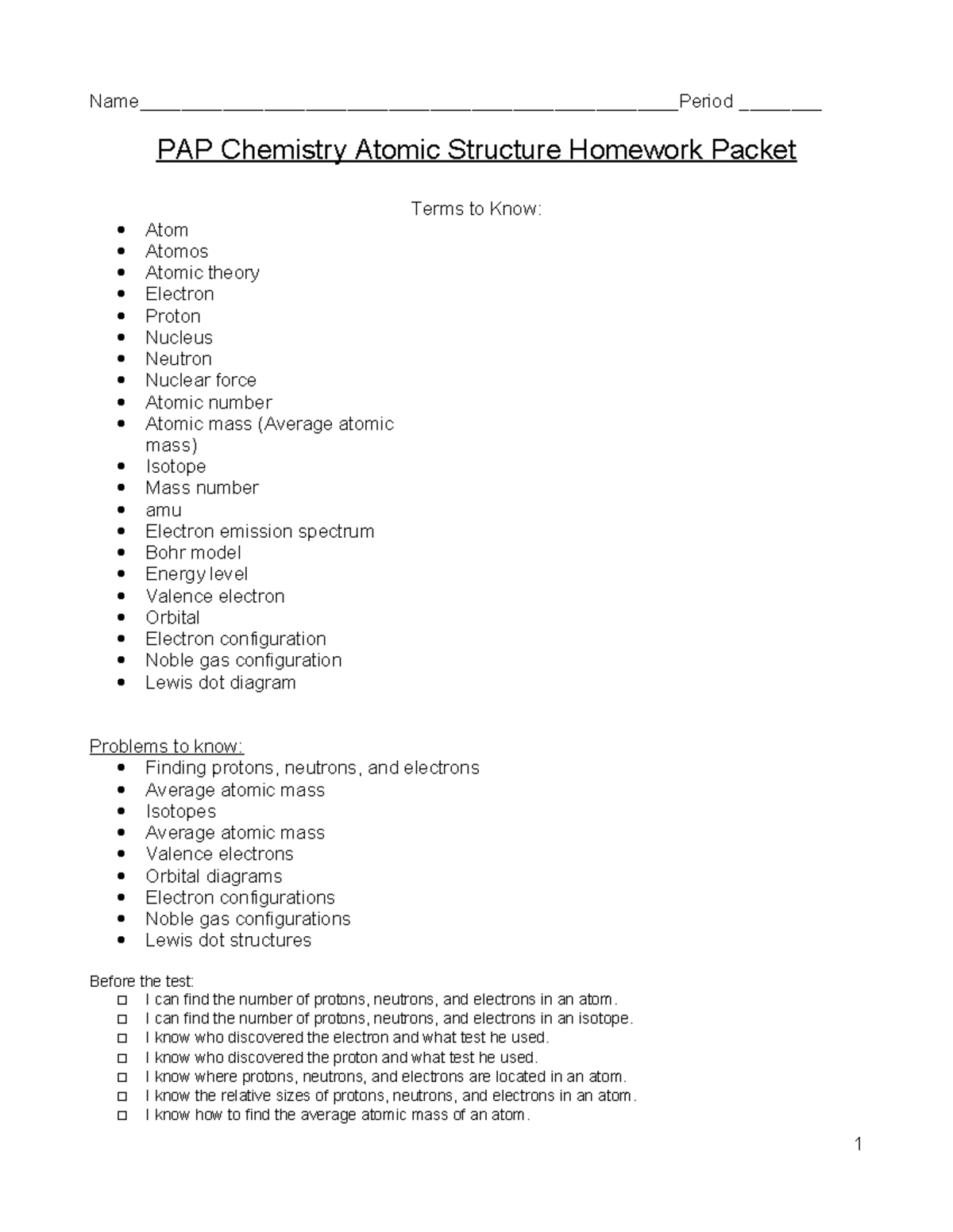 2 Atomic Structure PAP Homework - Name