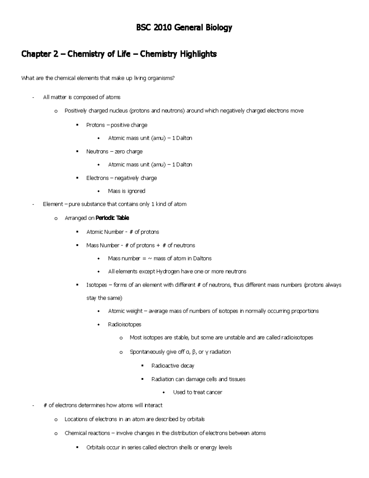 BSC 2010 General Biology Chapter 2 - Studocu