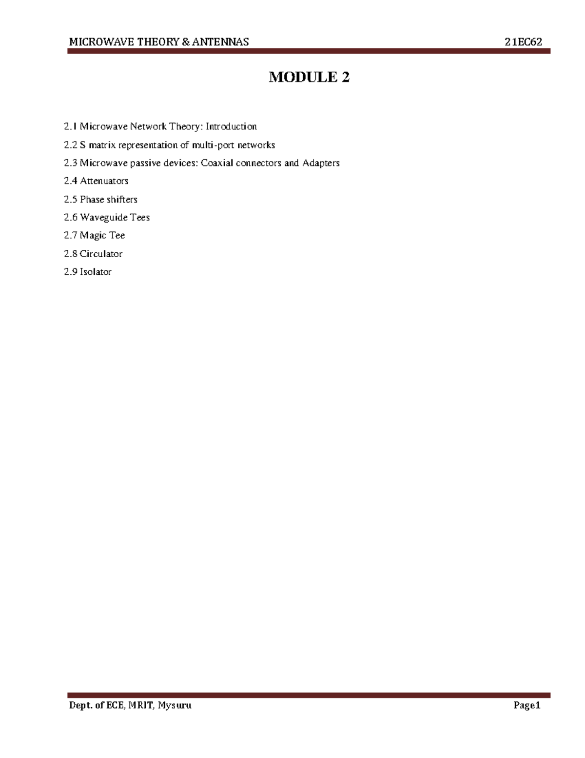 M2 - revised notes 21EC62 - MODULE 2 2 Microwave Network Theory ...