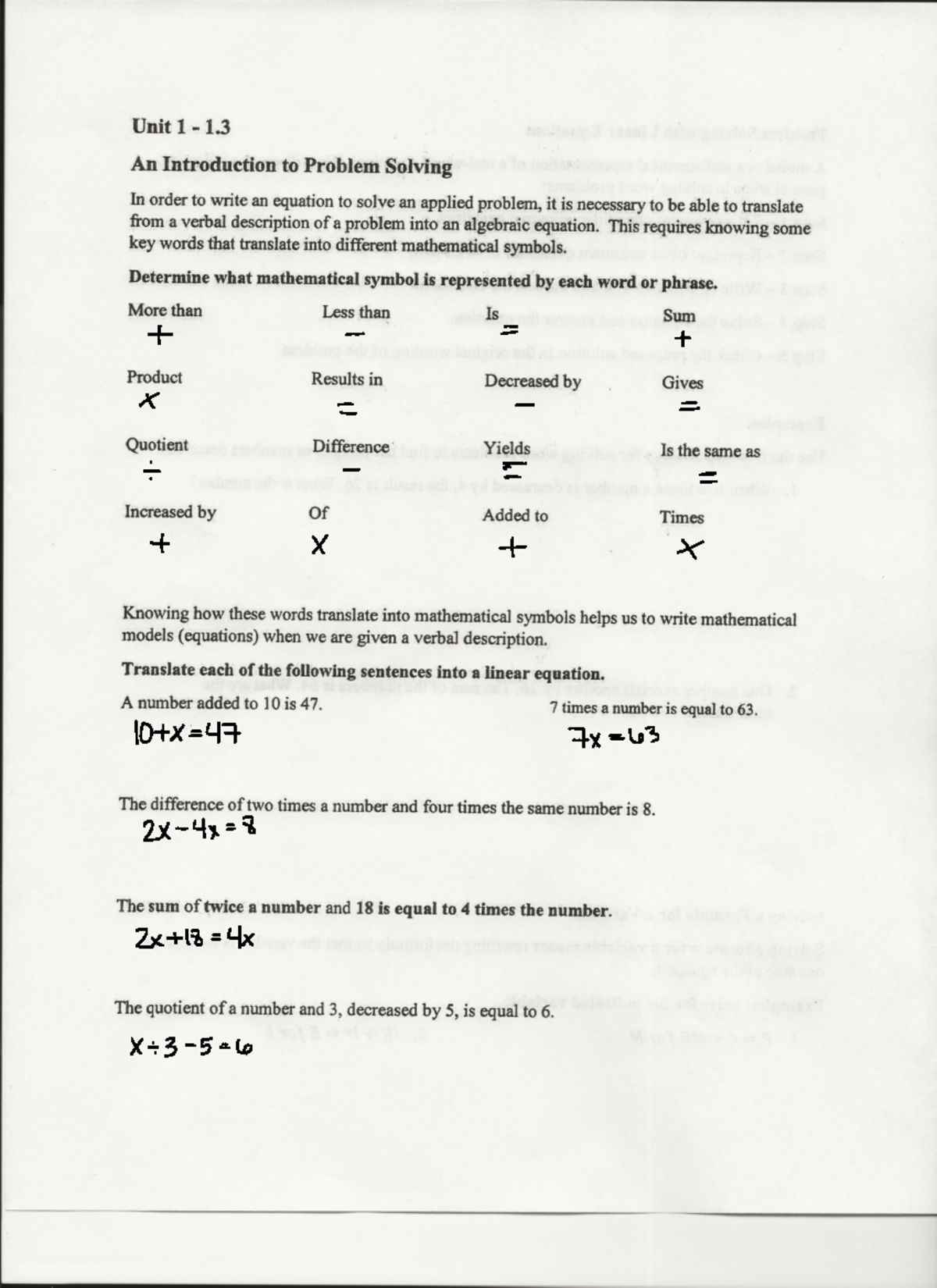 Worksheets Worksheets algebra - Unit 1 1 An Introduction to Problem ...
