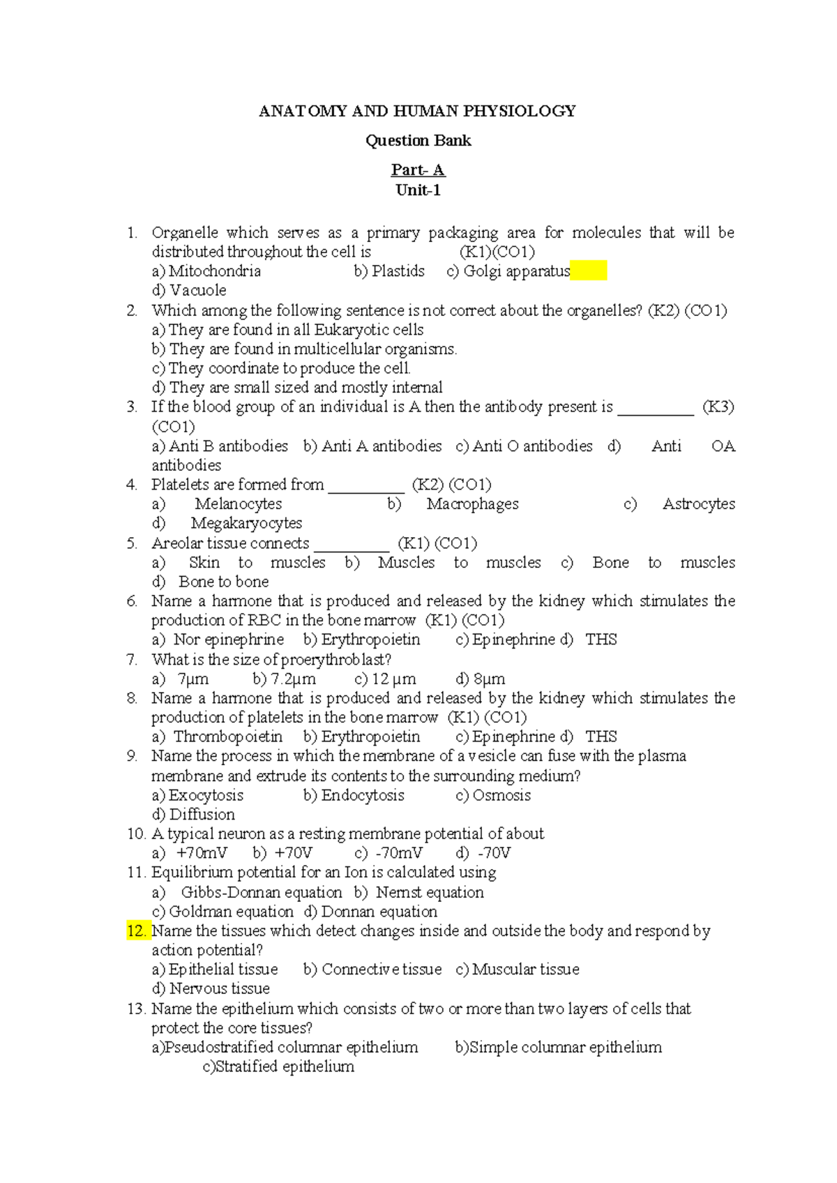 AHP UNIT 1 QB - AHP QUESTION BANK - ANATOMY AND HUMAN PHYSIOLOGY ...