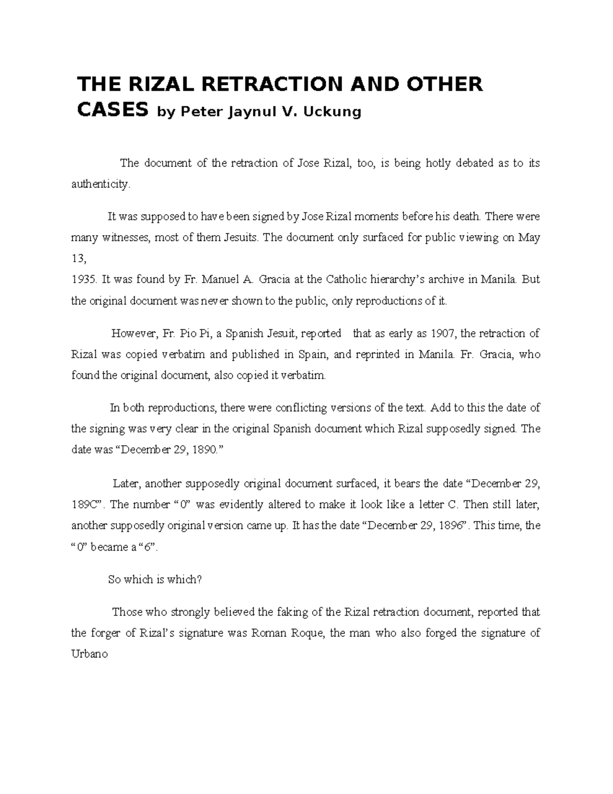 THE Rizal Retraction AND Other Cases by Peter Jaynul V - THE RIZAL ...