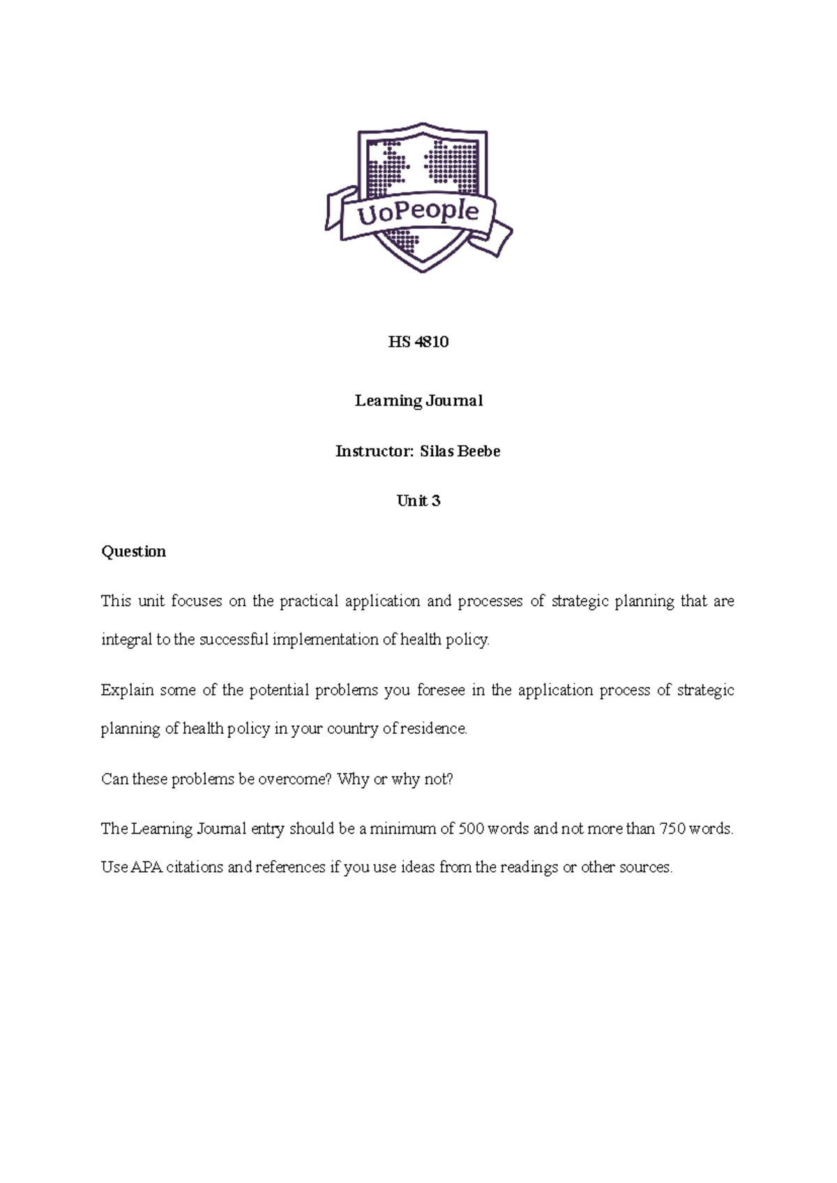 Unit 3 -Learning Journal forum HS 4810 - HS 4810 Learning Journal ...