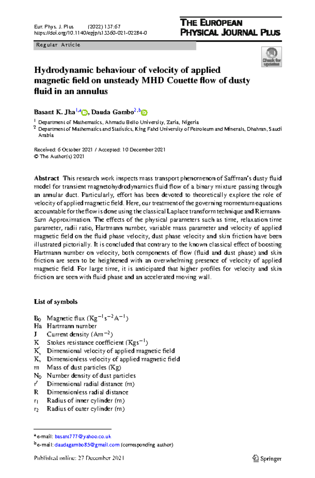 Hydrodynamic velocity of applied magnetic field - Eur. Phys. J. Plus (2022) 137: - Studocu