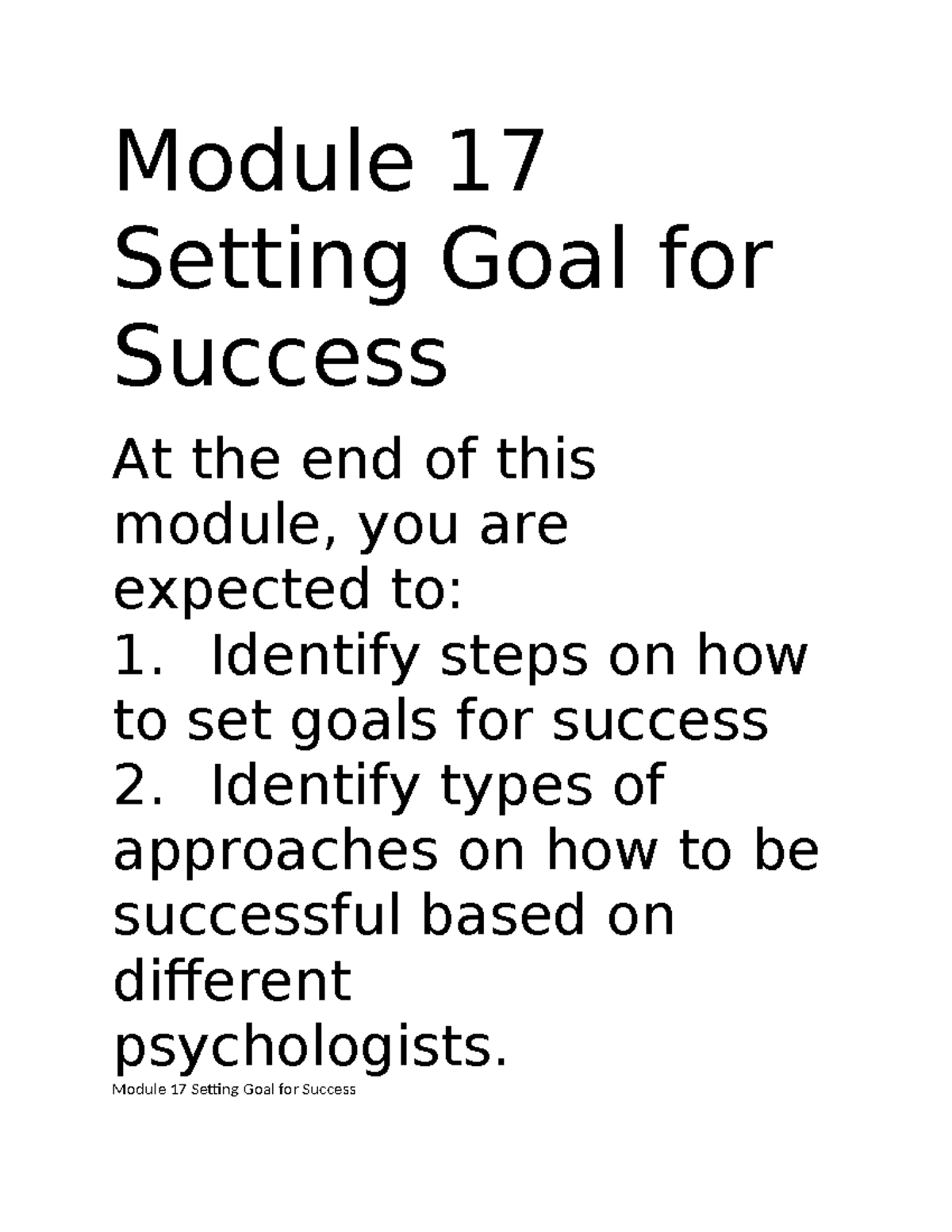 Module 17 Setting Goal for Success - Understanding the Self - Module 17 ...