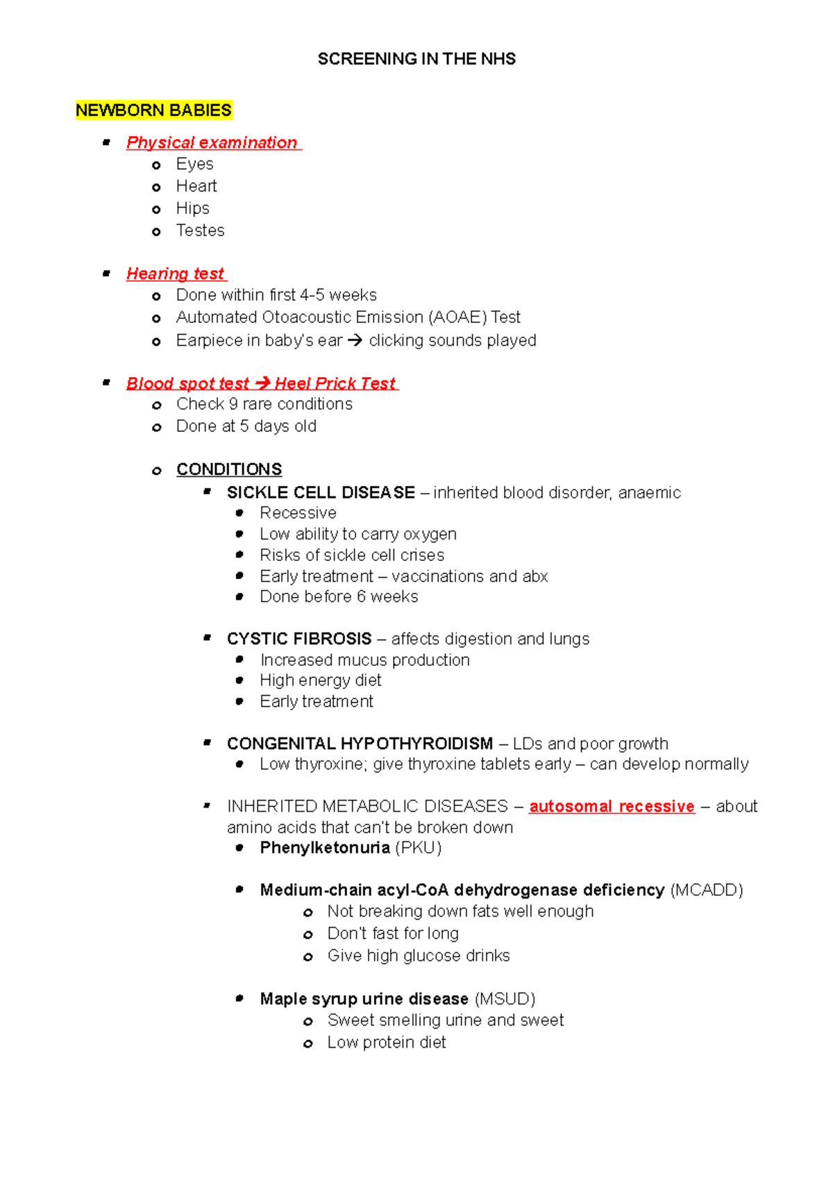 NHS Screening Tests - Lecture notes 5 - SCREENING IN THE NHS NEWBORN ...