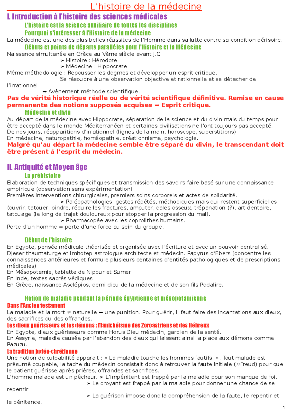 Histoire de la médecine Fiche - L’histoire de la médecine I ...
