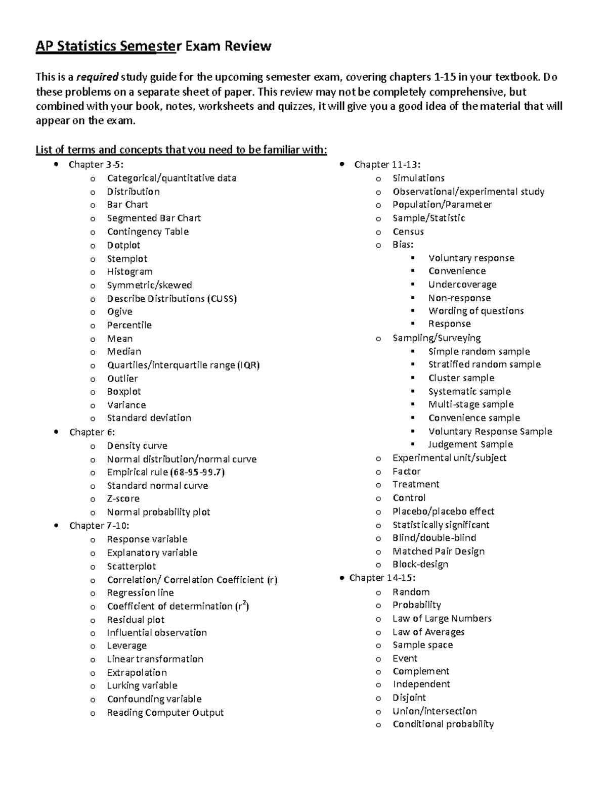 AP Statistics Semester Exam Review - Do these problems on a separate ...