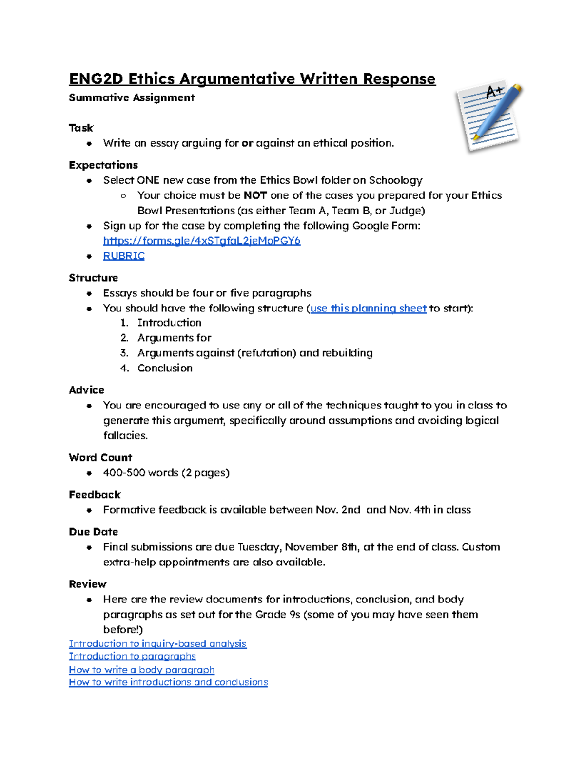 ENG2D Argumentative Written Response - Assignment - ENG2D Ethics ...