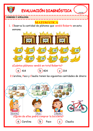 Prueba diagnóstica Matemática, conozcamos nuestros aprendizajes - LOGRO ESTUDIANTE: 1 ¿Cuál de ...