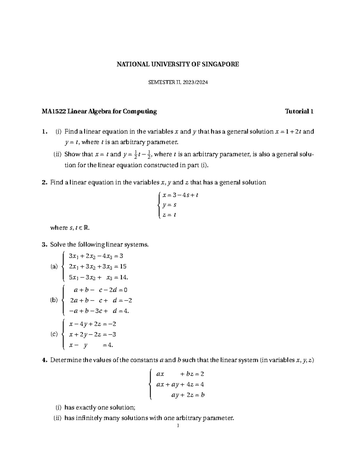 Tut1 Tutorial 1 Questions National University Of Singapore Semester Ii 2023 Ma1522 Linear