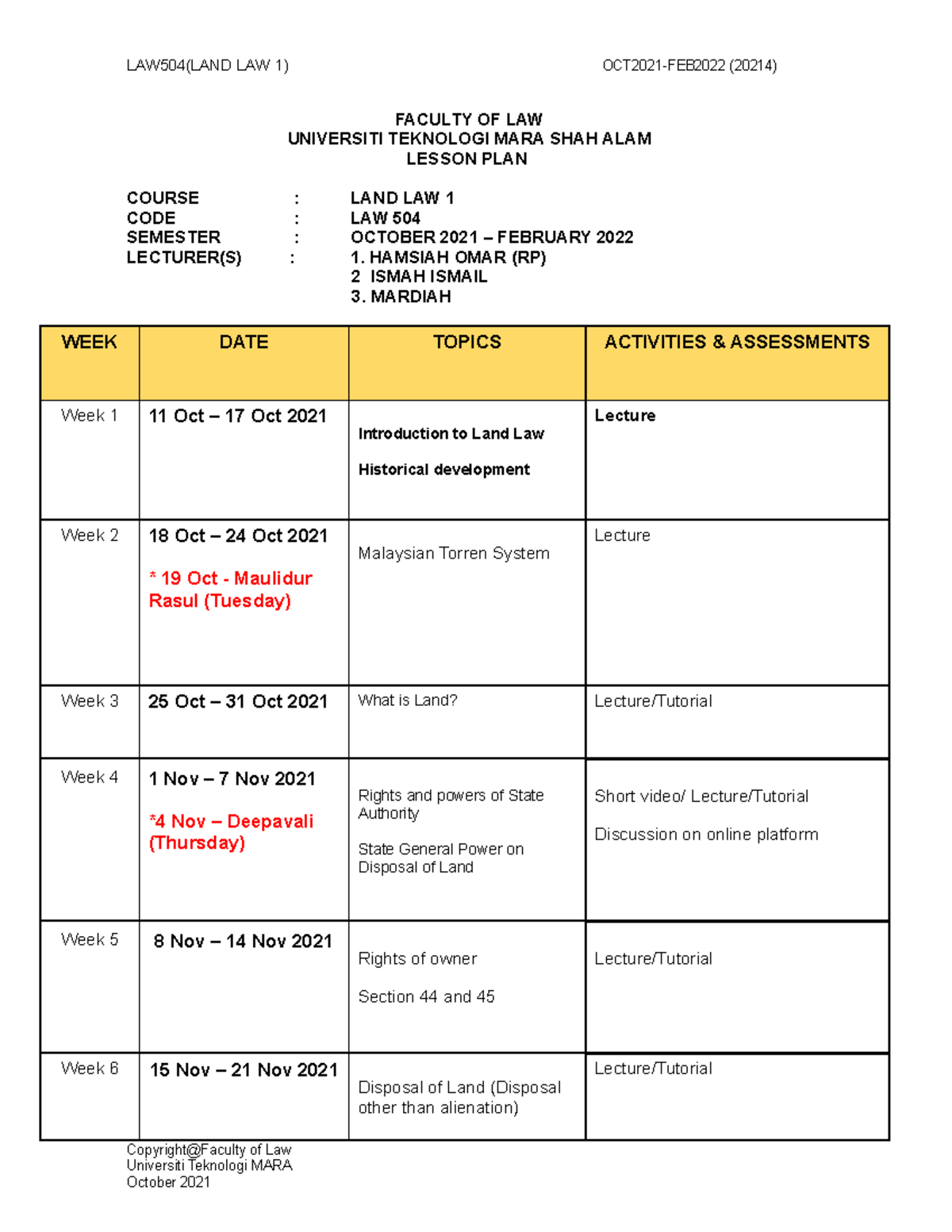 Ui Tmlaw Lesson PLAN FOR SEM OCT 2021 - FEB 2022 (4) (1) (1) - FACULTY ...