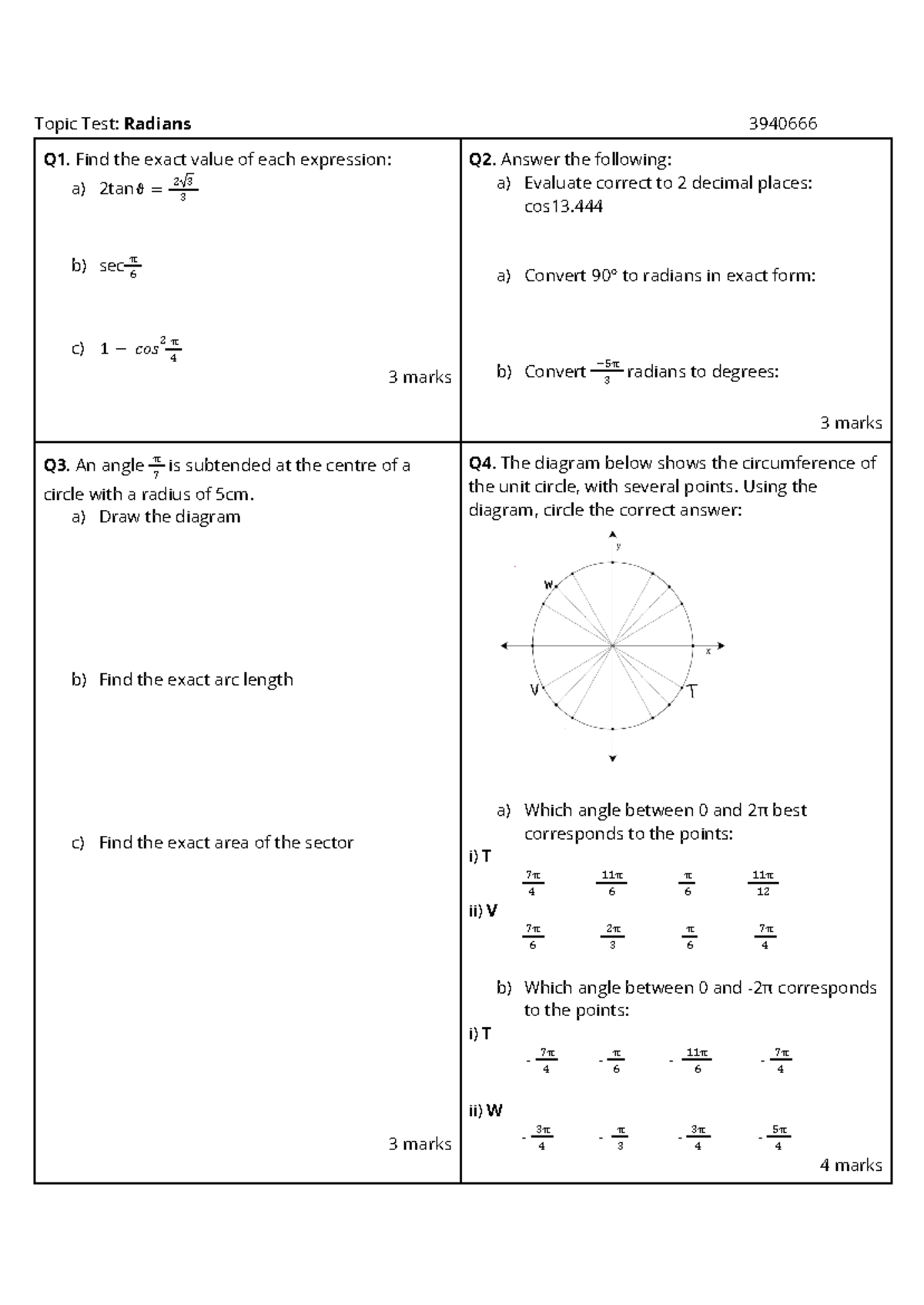 Topic Test Radians updated - Topic Test: Radians 3940666 Q1. Find the ...