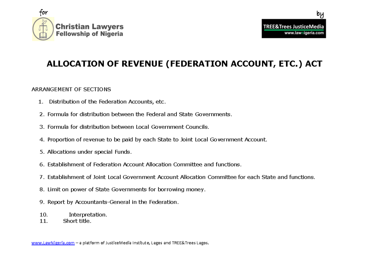 Allocation OF Revenue ( Federation Account, ETC.) ACT - ALLOCATION OF ...