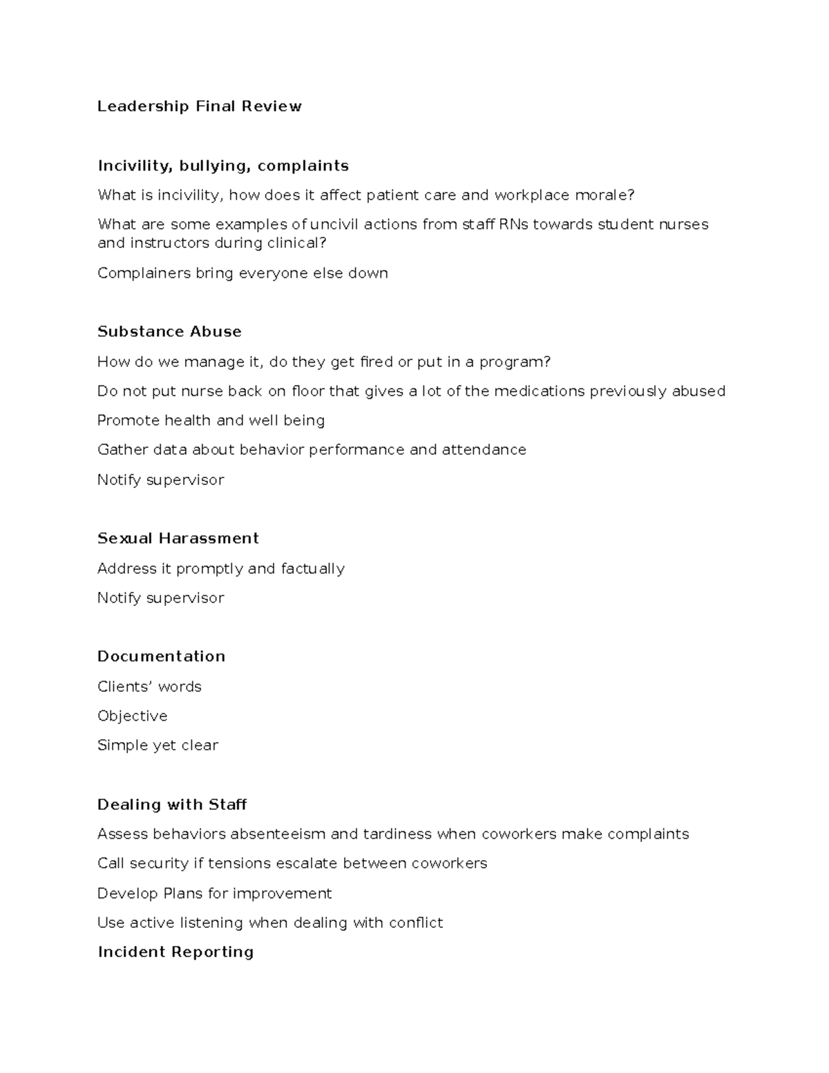 Leadership Final Review - Leadership Final Review Incivility, bullying, complaints What is - Studocu