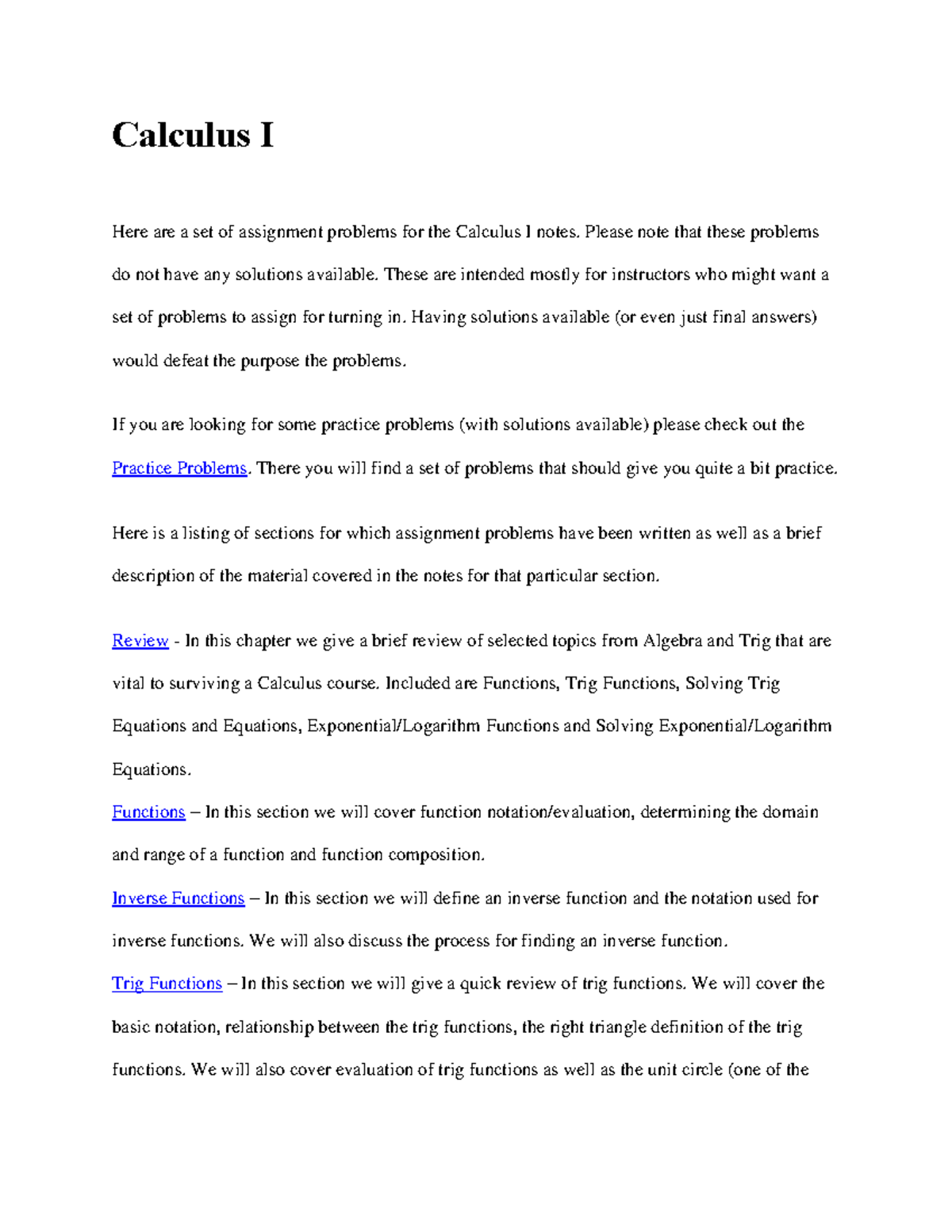 Calculus 1 assignment problmes - Calculus I Here are a set of ...