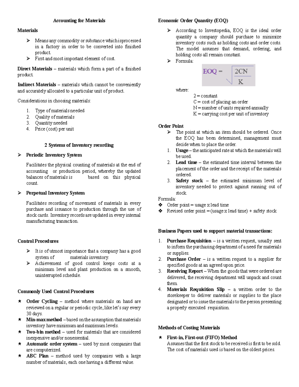 Cost acc finals - notes - Accounting for Materials Materials Means any ...