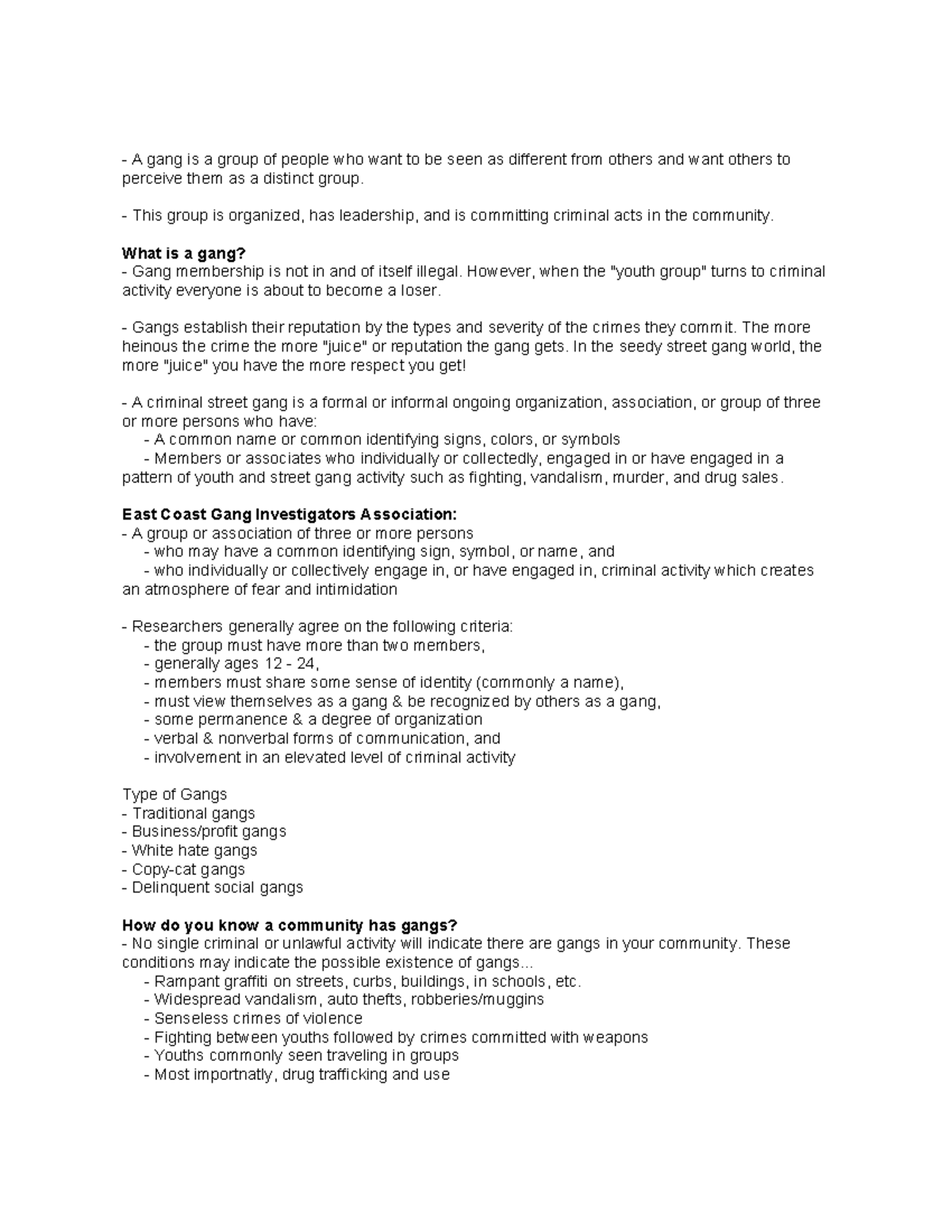 Street Gangs - Lecture Notes - A gang is a group of people who want to ...