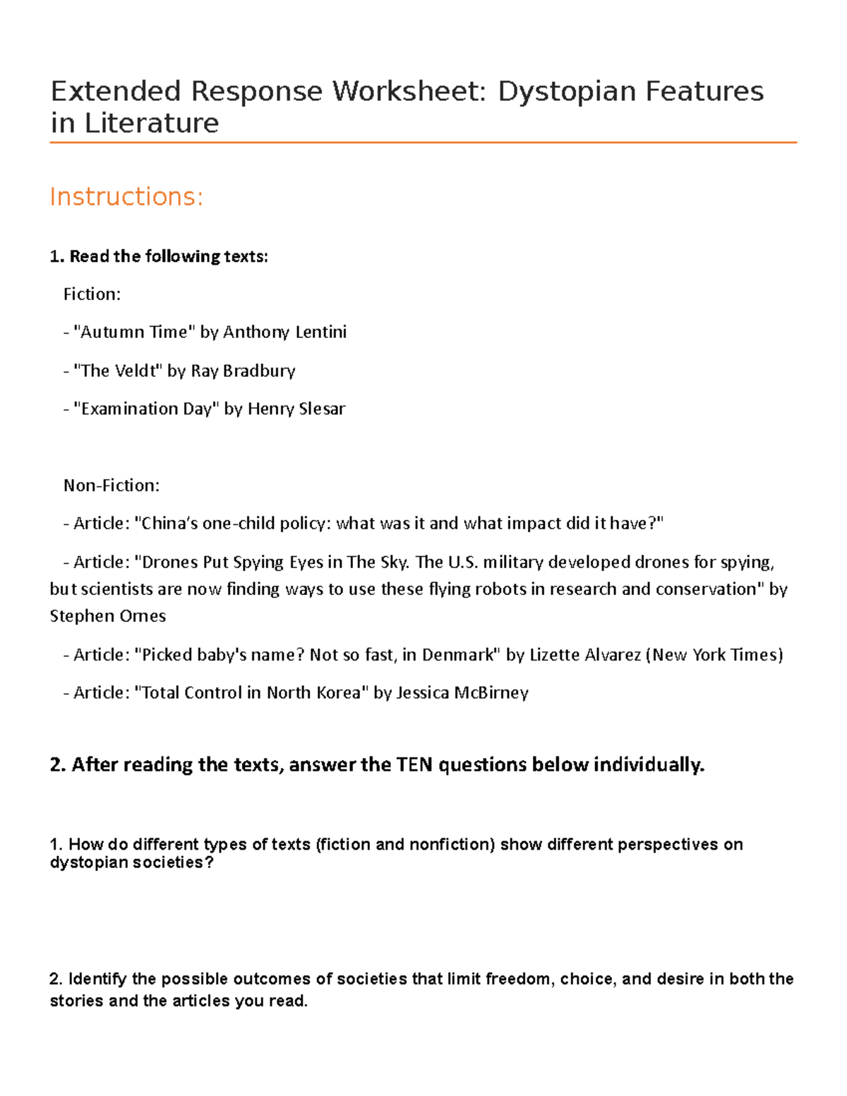 Extended Response Worksheet - Read the following texts: Fiction ...