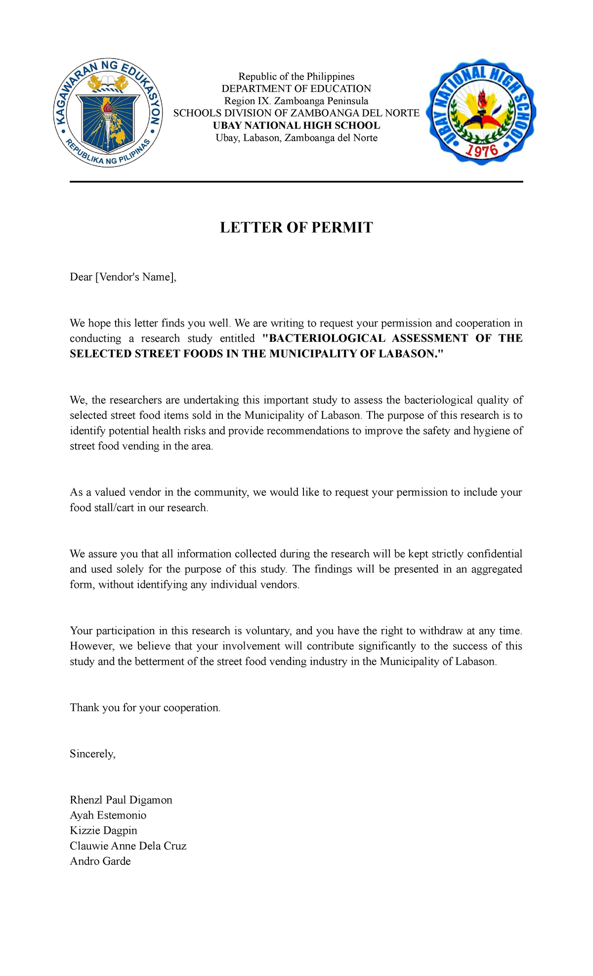 Letter-of-permit - Research - Republic of the Philippines DEPARTMENT OF ...