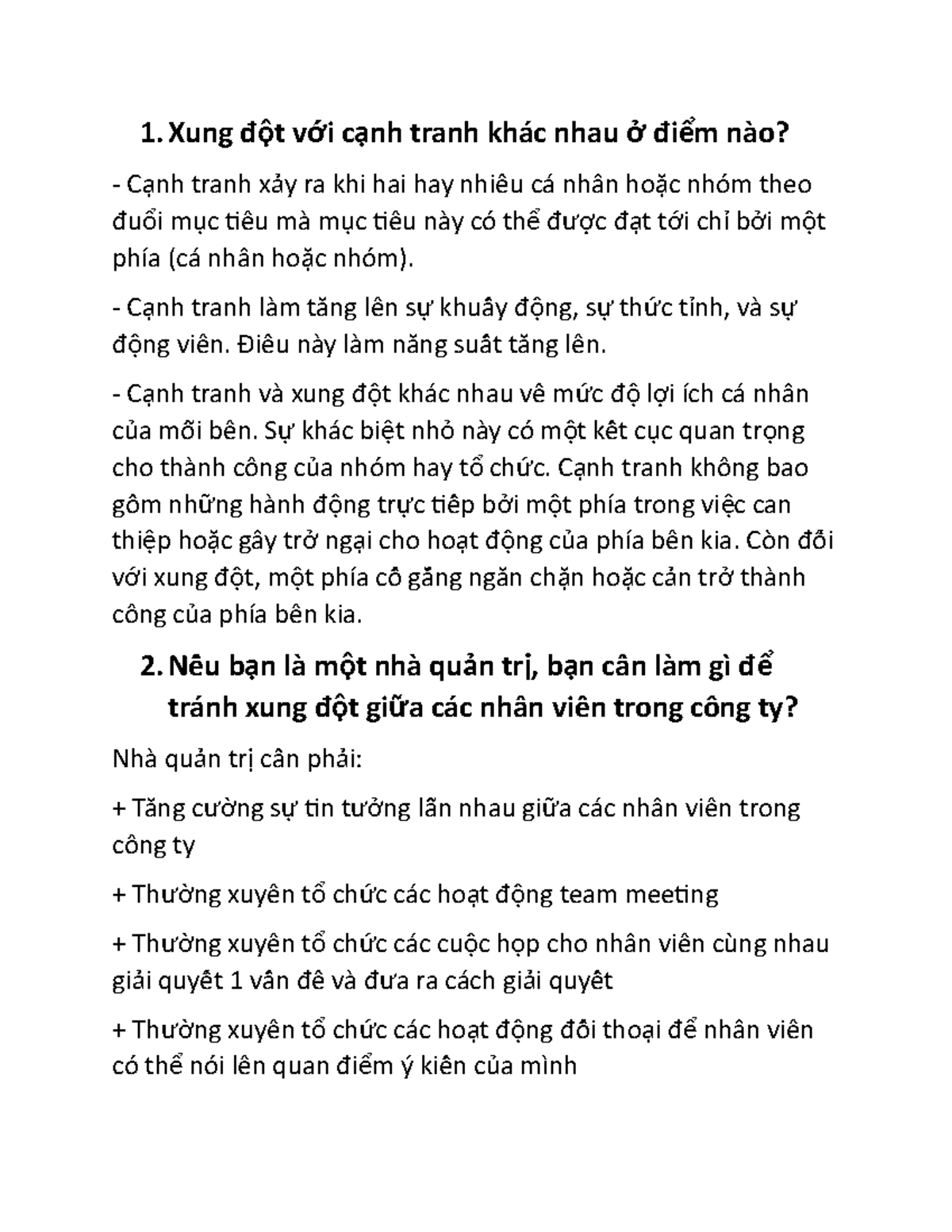 Câu-hỏi - câu hỏi quản trị học - 1. Xung đ t vộ ới c nh tranh khác nhau ạ ở đi m nào?ể C nh ...