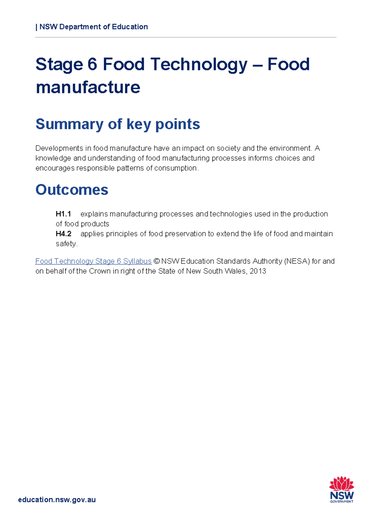 Tas s6 food manufacture summary rl - | NSW Department of Education ...