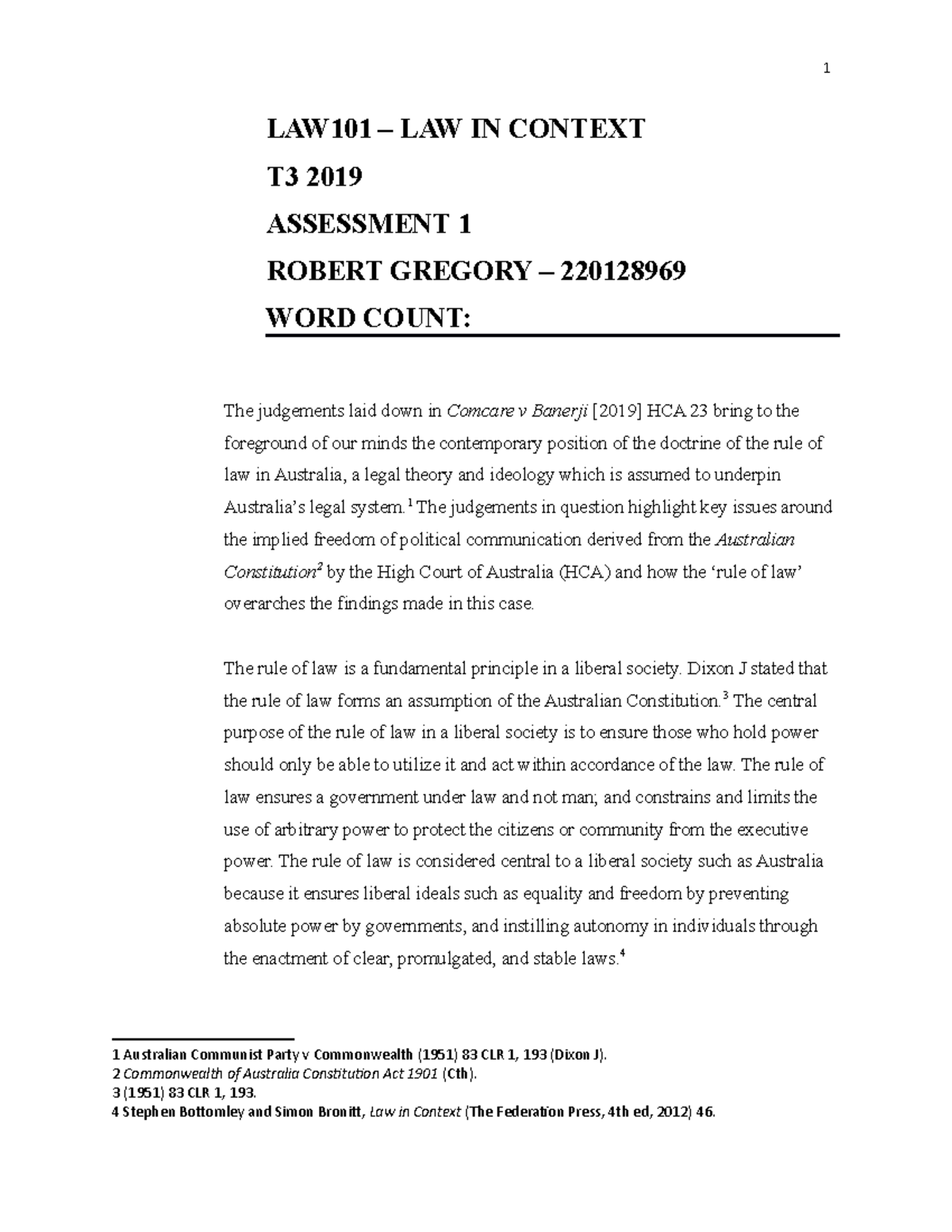 LAW101 Assignment - 1 LAW101 – LAW IN CONTEXT T3 2019 ASSESSMENT 1 ...