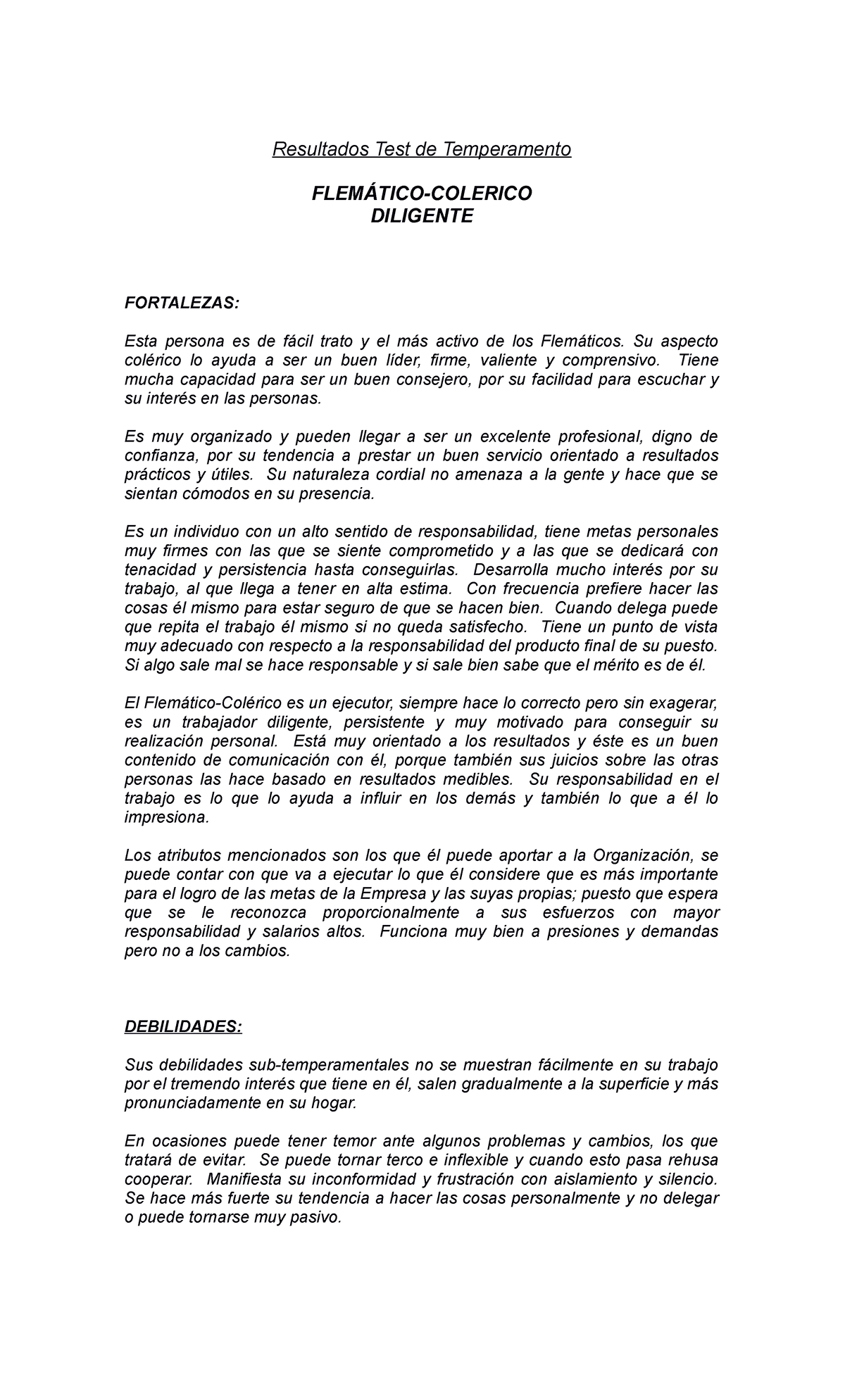 Flematico- Colerico - Temperamento - Resultados Test de Temperamento ...