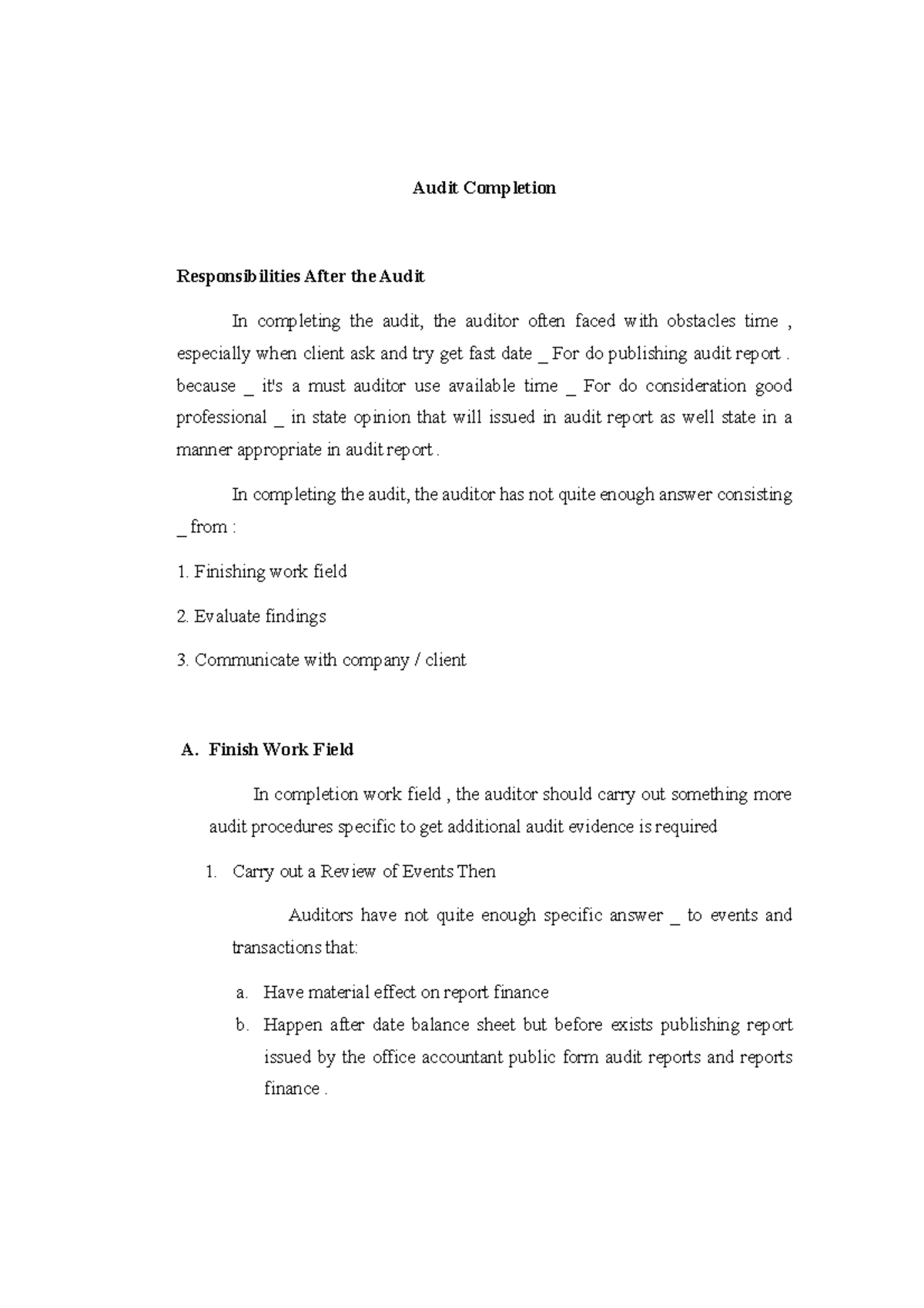 Audit Completion - Audit Completion Responsibilities After the Audit In ...