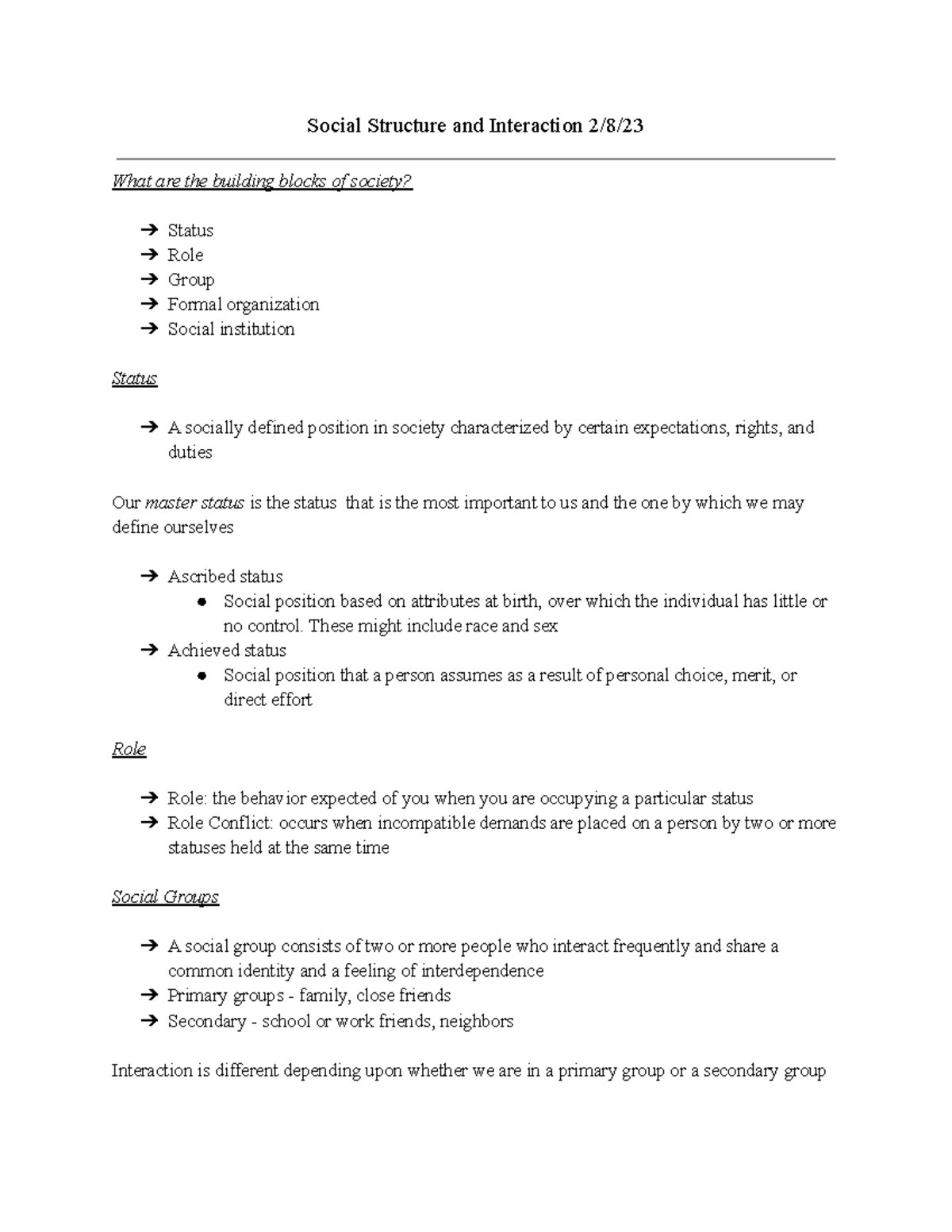 SYG2000 Social Structure and Interaction Notes - Social Structure and ...