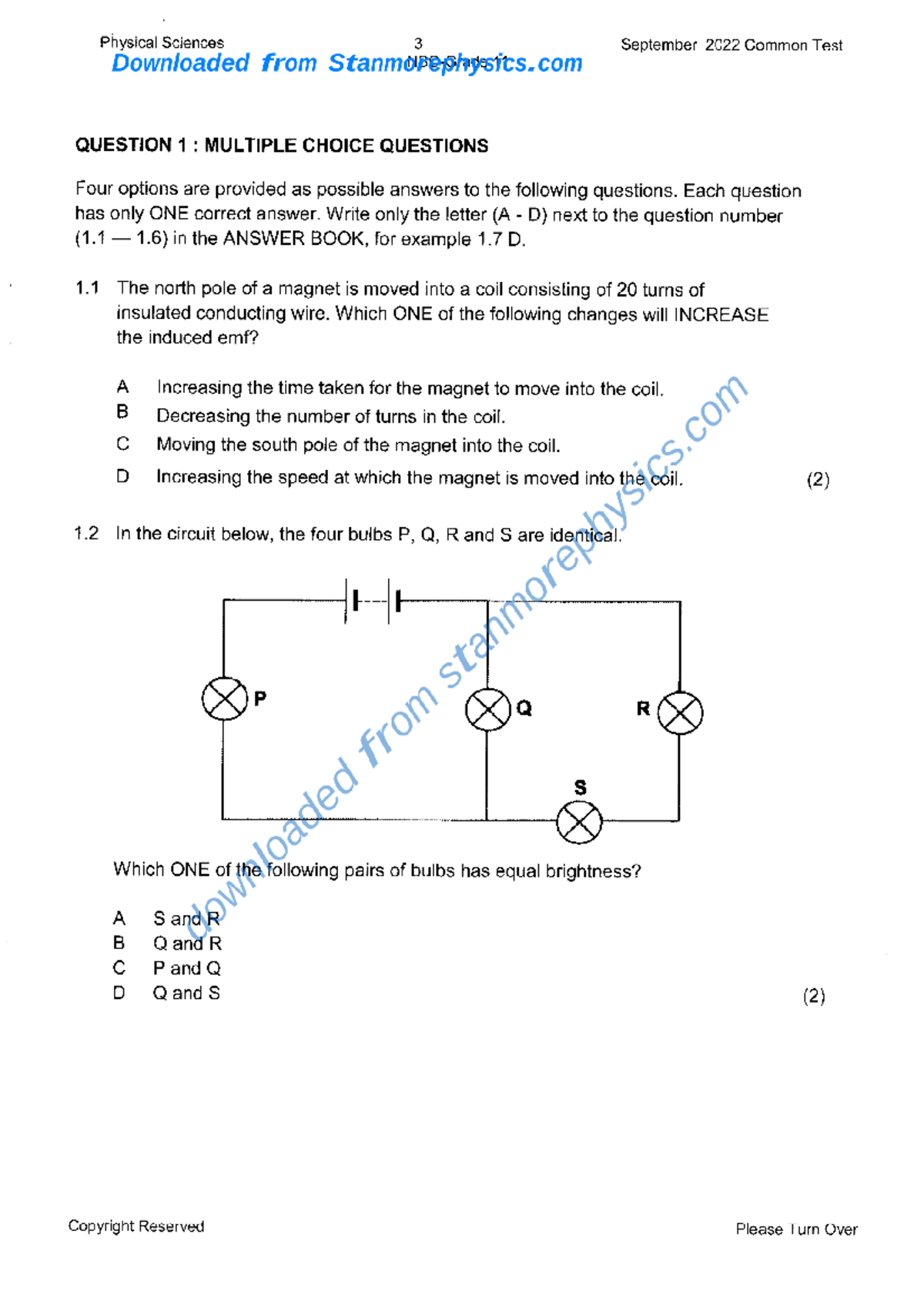 Electric circuit and electro magnetism questions for grade 11 ...