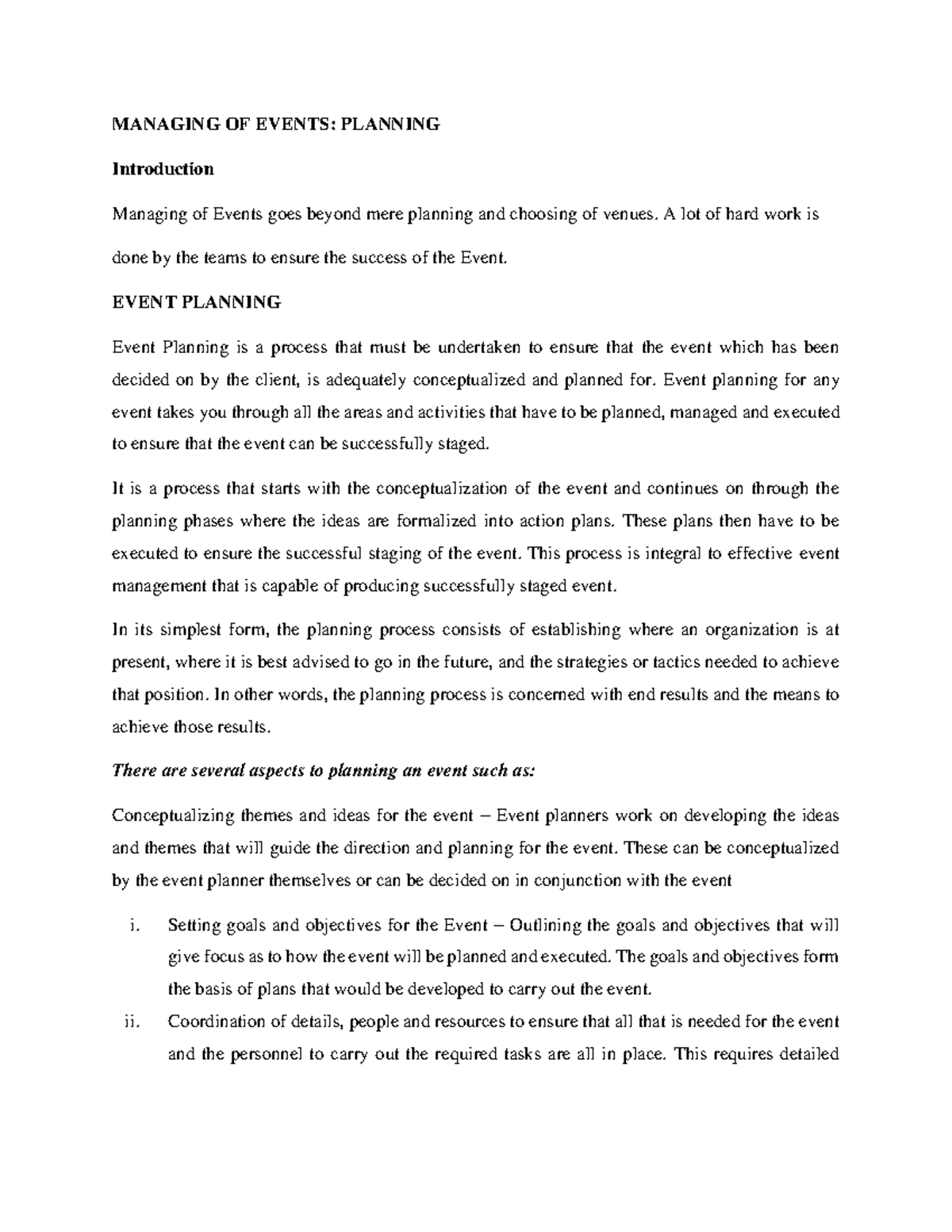 Managing OF Events Planning - MANAGING OF EVENTS: PLANNING Introduction ...