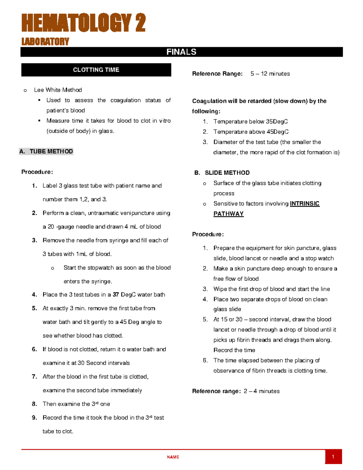 HEMA LAB Finals Laboratory Tests - NAME 1 HEMATOLOGY 2 LABORATORY ...