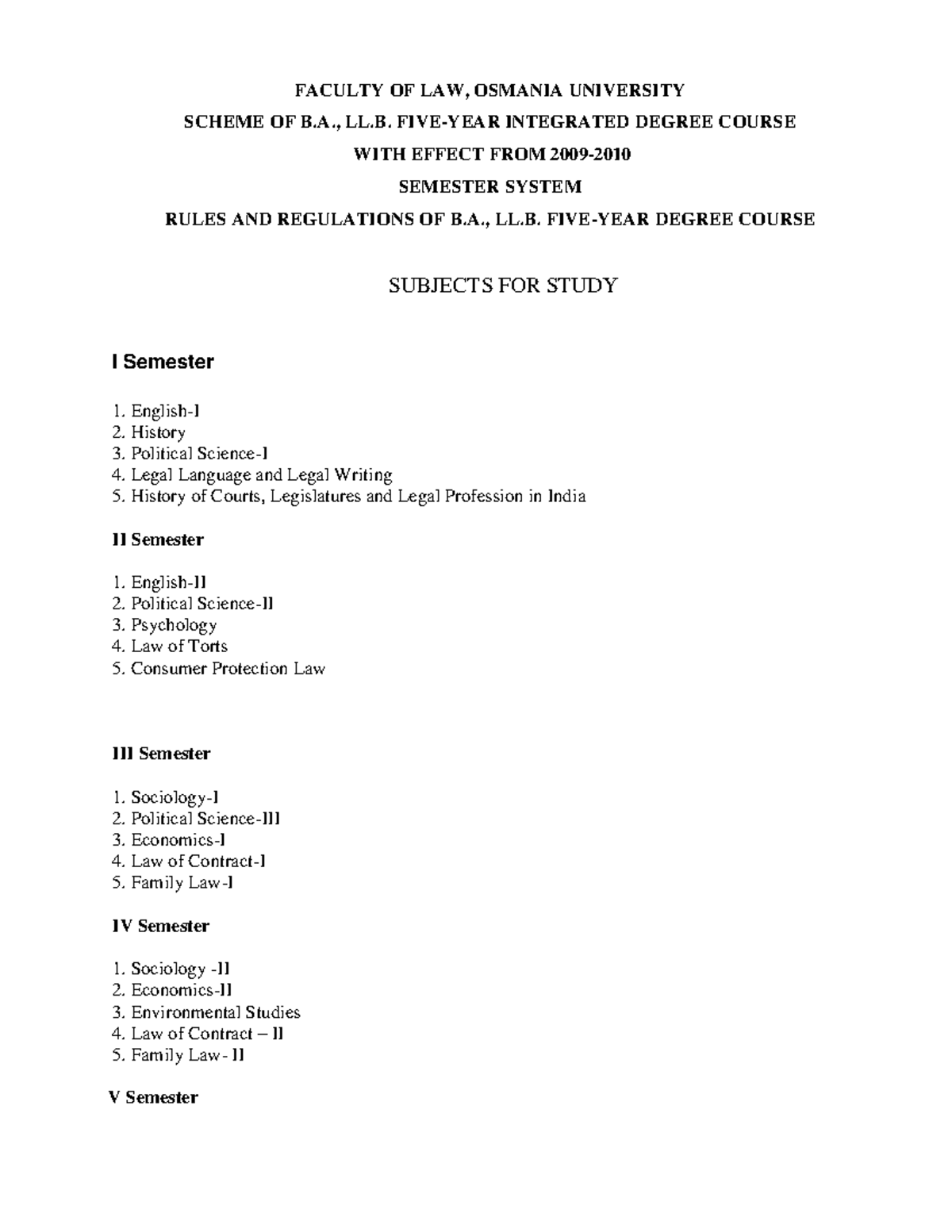 Syllabus - FACULTY OF LAW, OSMANIA UNIVERSITY SCHEME OF B., LL. FIVE ...