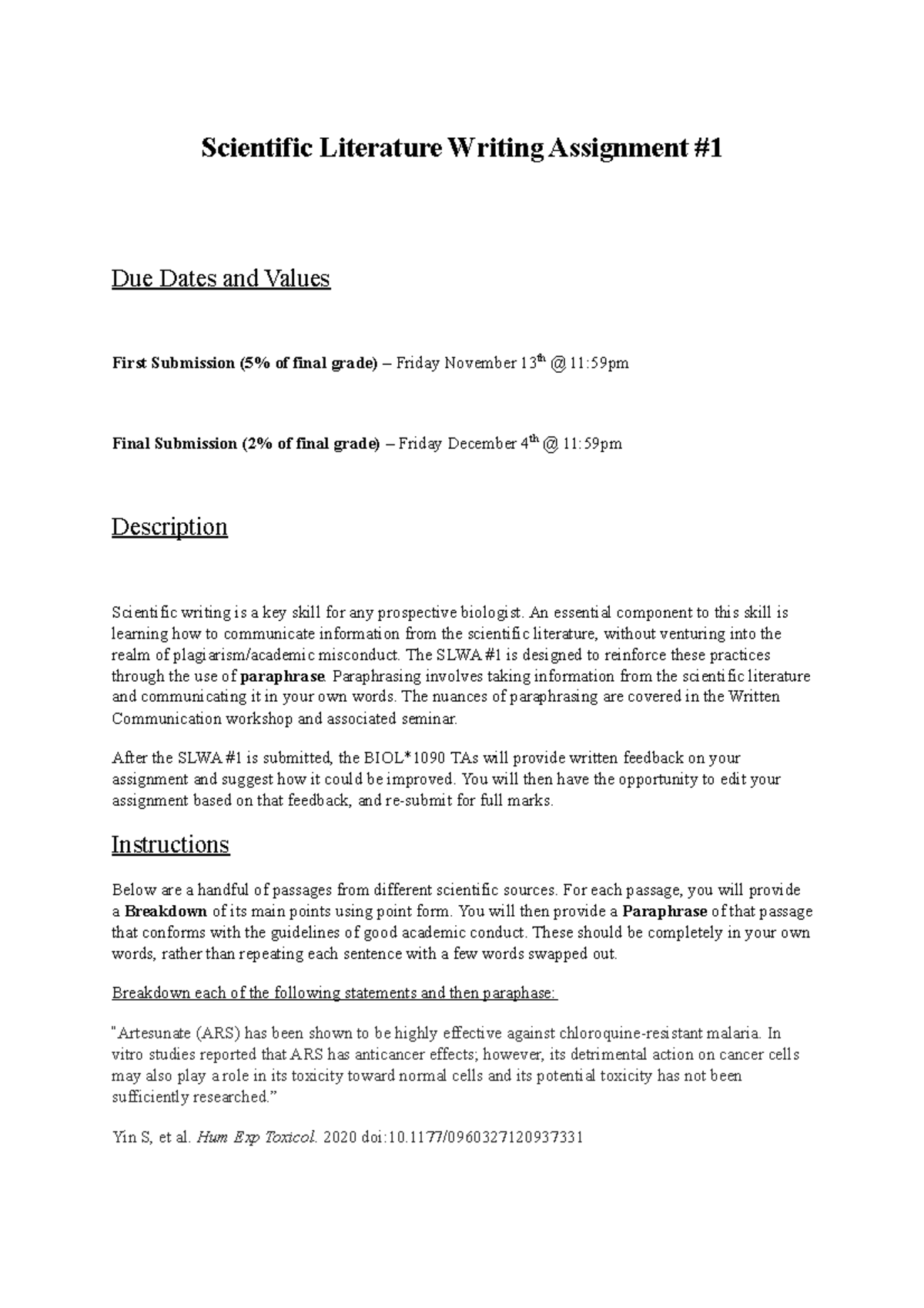 Scientific Literature Writing Assignment #1 - BIOL 1090 - U of G - Studocu