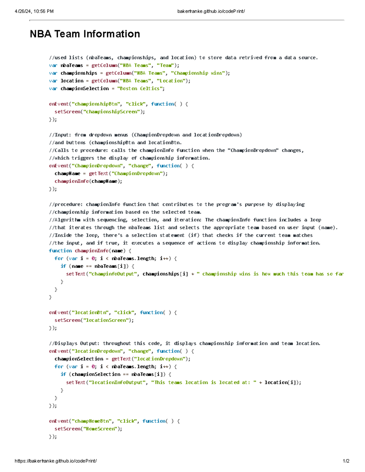 Newest code Print - coding that is very helpful - NBA Team Information //used lists (nbaTeams ...