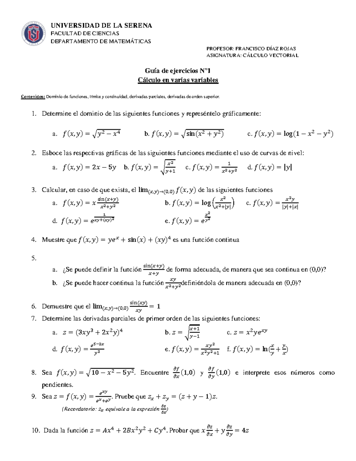 Calculo En Varias Variables - Guia de Ejercicios 1 [Curvas de nivel, limite continuidad] - - Studocu