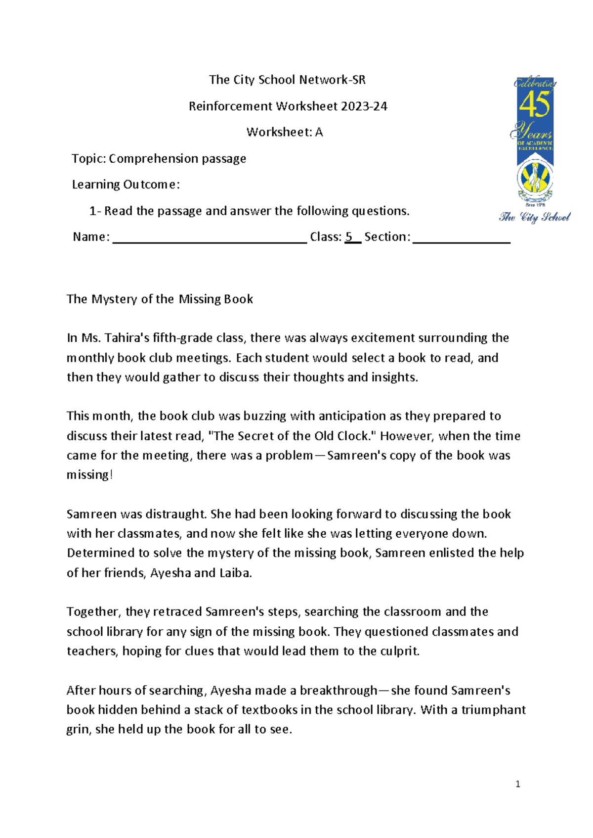 Grade 5 Worksheet A - 1 The City School Network-SR Reinforcement ...