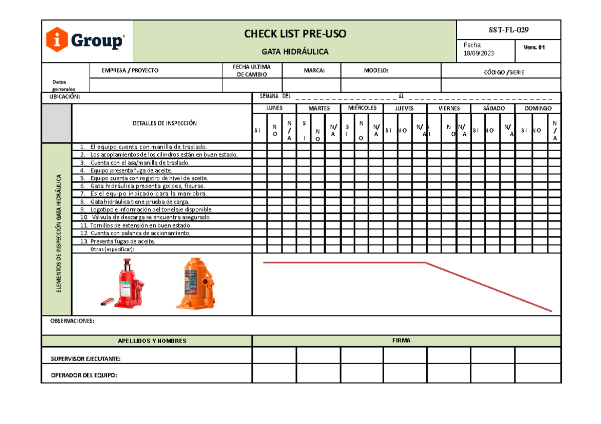 SST-FL-029 check list de preuso de gata hidraulica - CHECK LIST PRE-USO ...