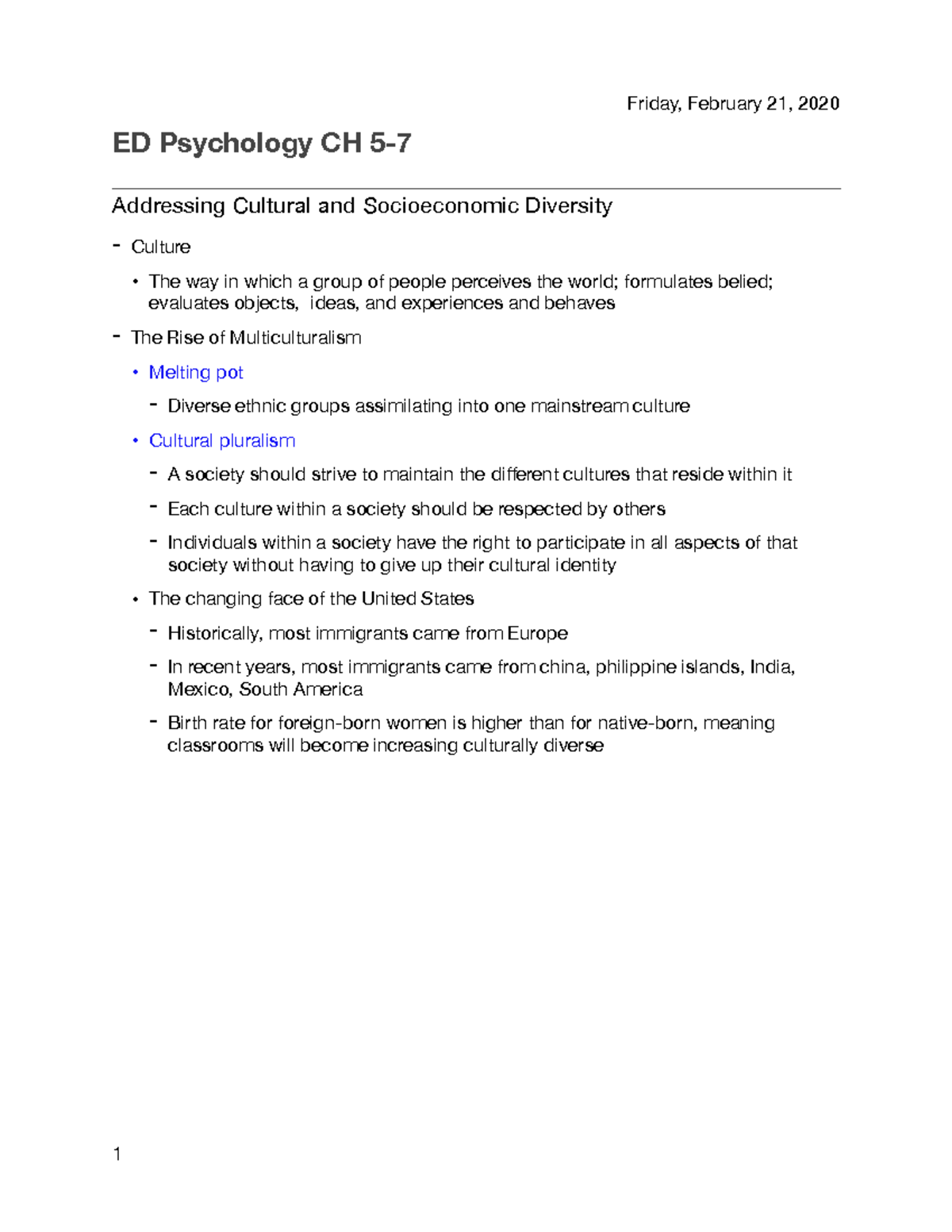 Notes on chapter 5-7 - ED Psychology CH 5- Addressing Cultural and ...