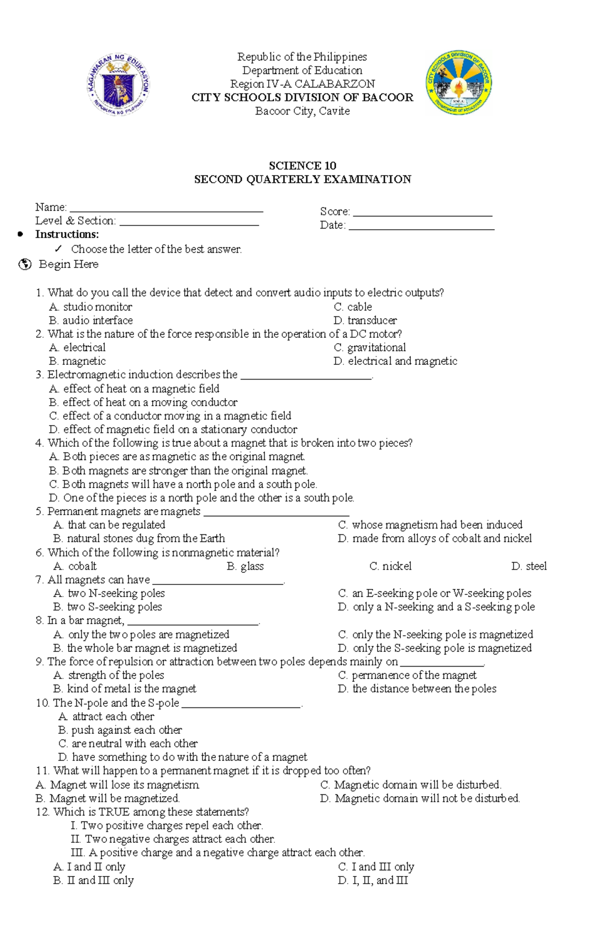Second quarterly exam in science 10 - Republic of the Philippines ...