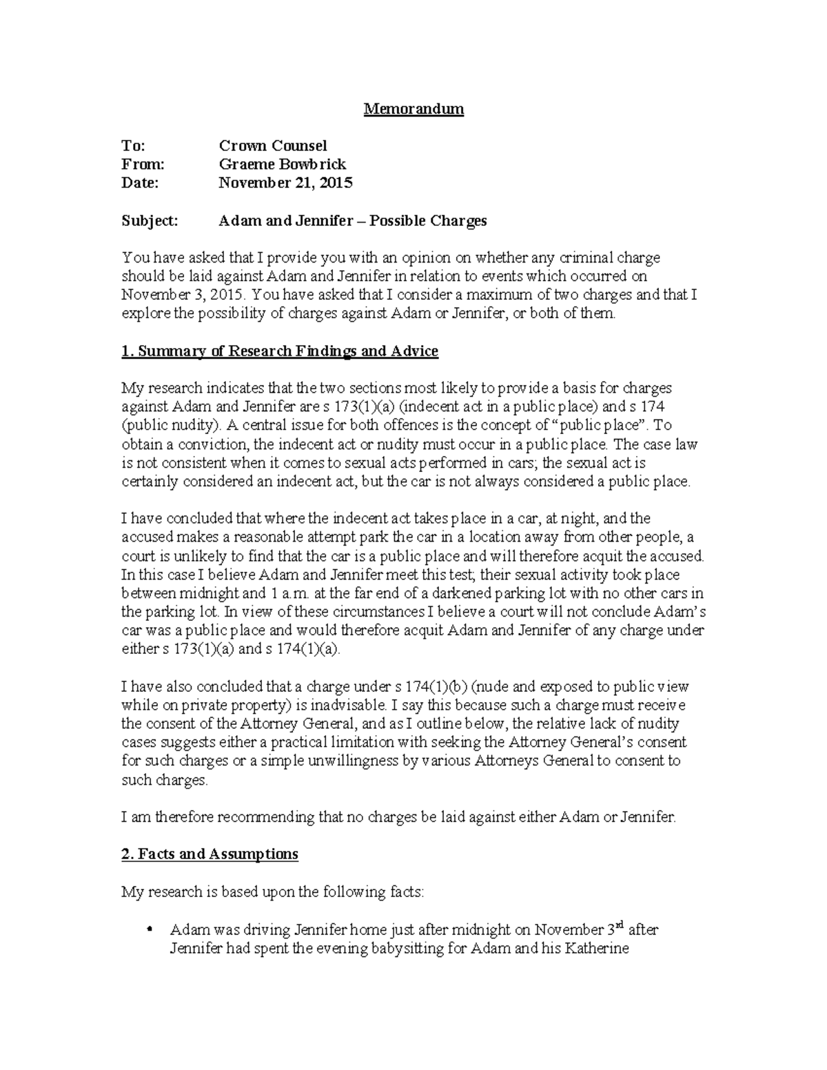 Legal Problem Solving Exercise - Sample Memorandum - Memorandum To: Crown Counsel From: Graeme ...