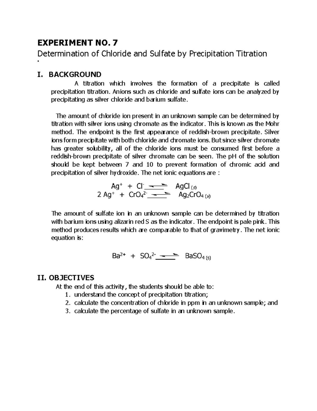 Experiment 7 - Chloride and Sulphate Precipitation Titration ...