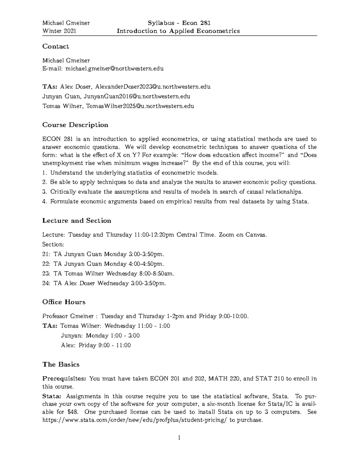 Introduction To Applied Econometrics Econ 281 Syllabus - Michael ...