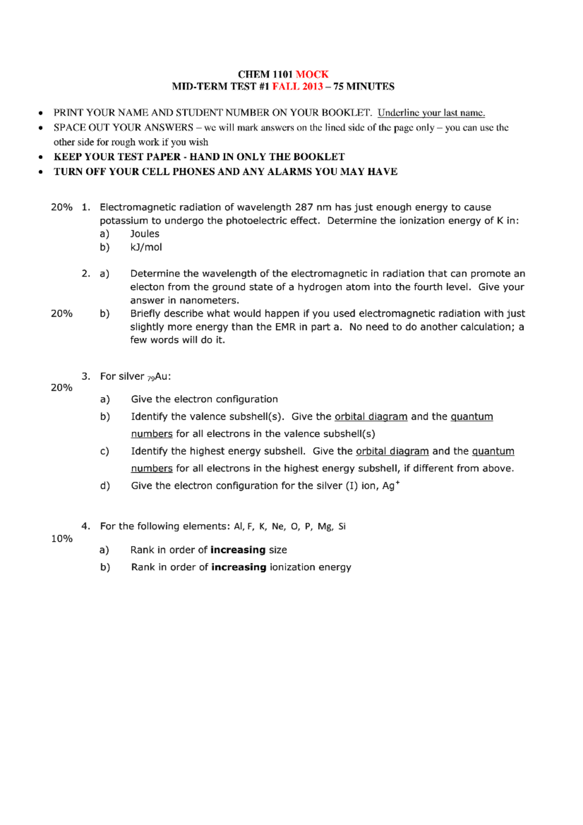 Exam 2012, questions and answers - Chem 1101 - Studocu