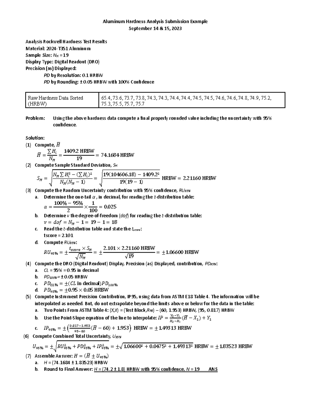 MEEN 267 Hardness test example - Aluminum Hardness Analysis Submission ...