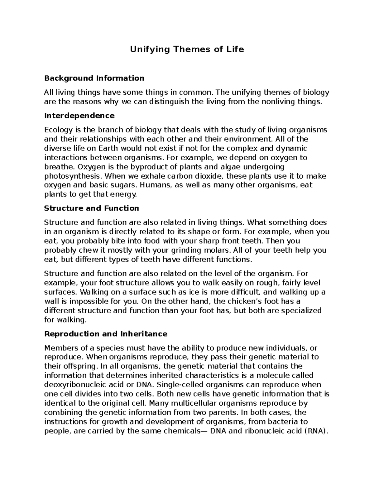 Unifying Themes of Life - Unifying Themes of Life Background ...