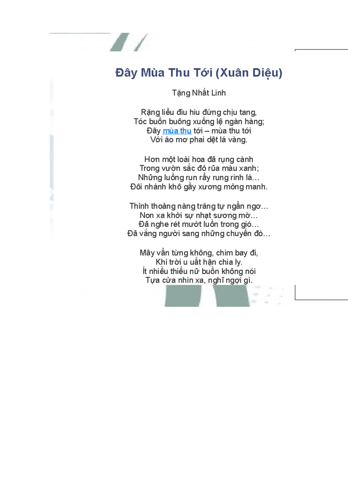 DAY MUA THU TOI - đêy mùa thu tới - Đây Mùa Thu Tới (Xuân Diệu) Tặng ...